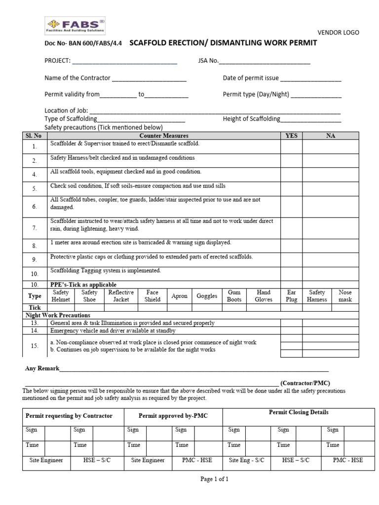 4.4 Scaffolding Permit | PDF | Scaffolding | Safety