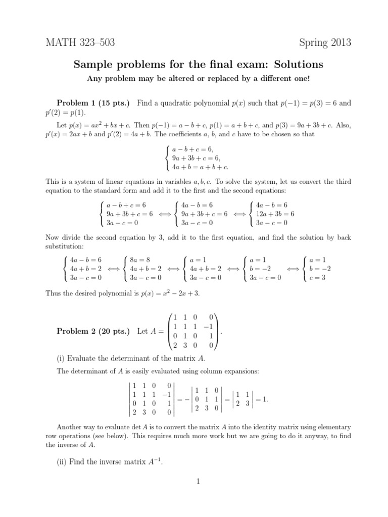 Finalsamplesolved | PDF | Eigenvalues And Eigenvectors | Matrix (Mathematics)