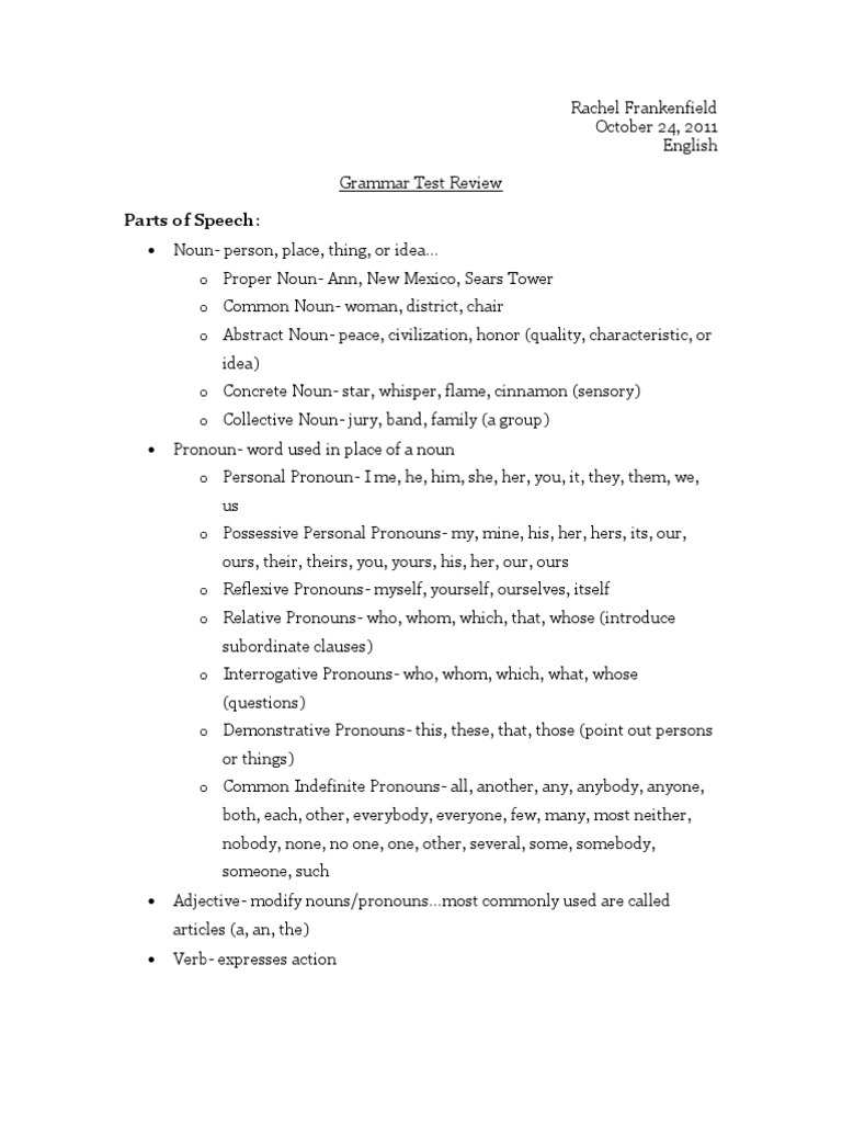 Grammar Review, Parts of Speech and Parts of Sentences | PDF | Pronoun ...