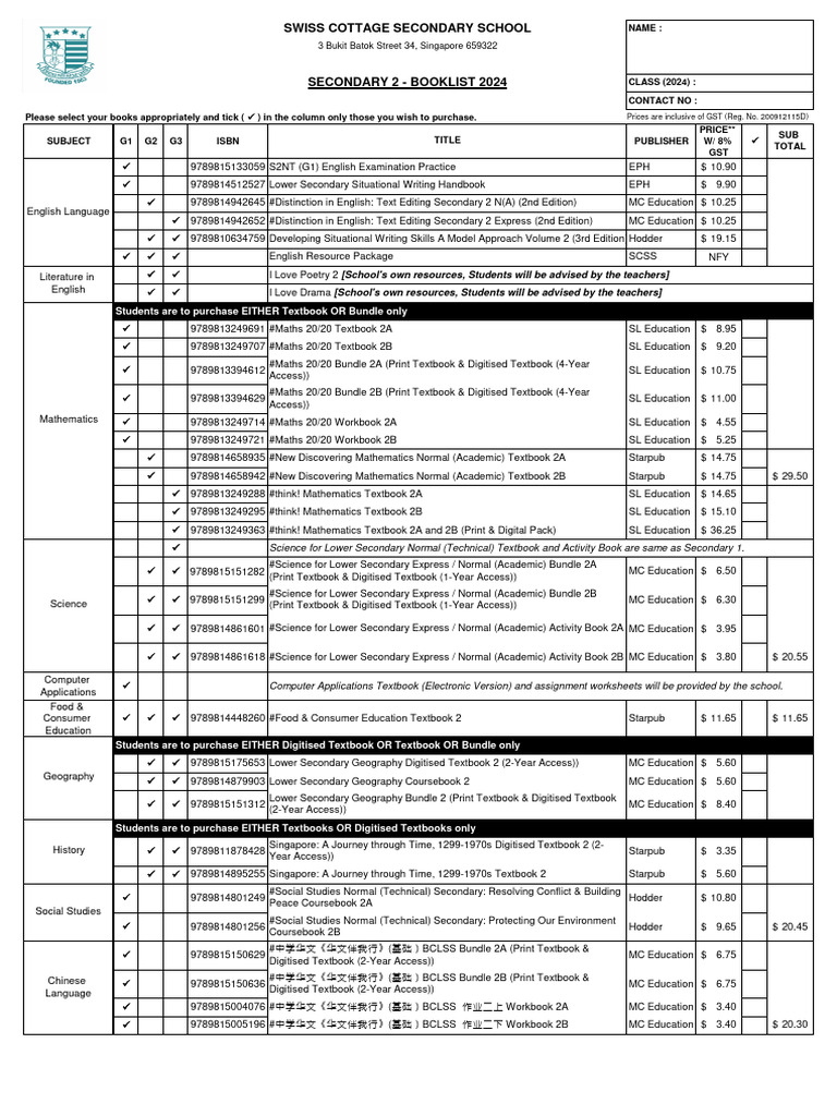 Swiss Cottage Secondary School Booklist 2024 FINAL Sec 2 | PDF ...