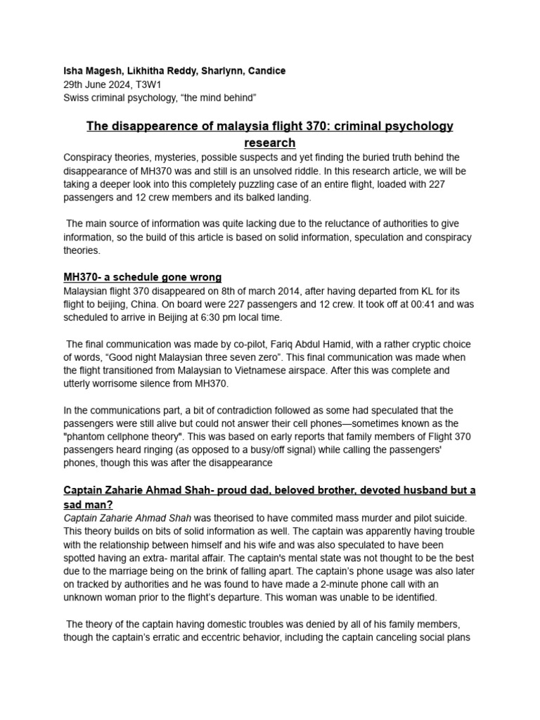 Disappearence of Malaysia Flight 370 - Swiss Criminal Psychology | PDF | Malaysia Airlines ...