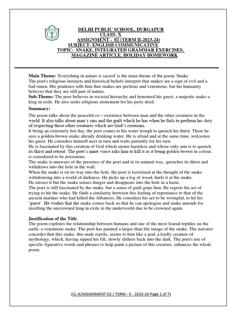 Class 10 Term 2 Assignment 02 2023-24 | PDF | Snake