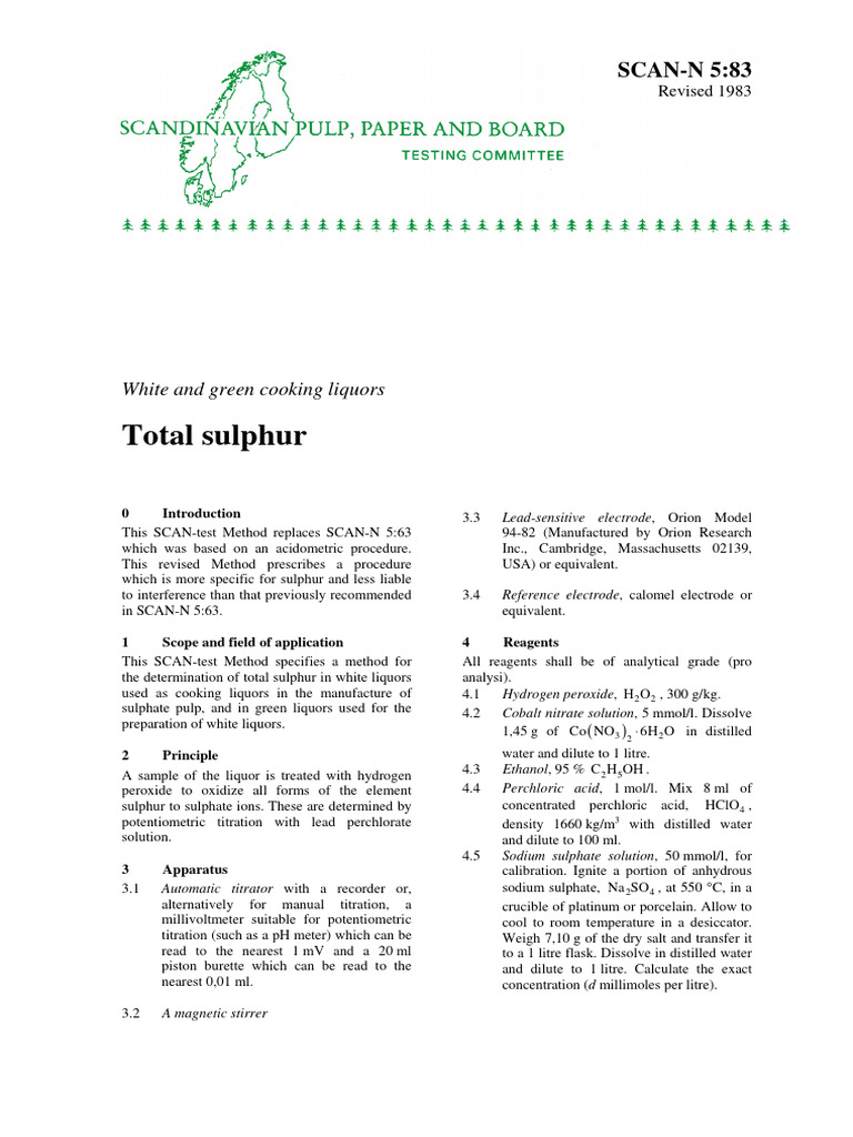 Total Sulphur in Cooking Liquors Method | PDF | Titration | Chemistry
