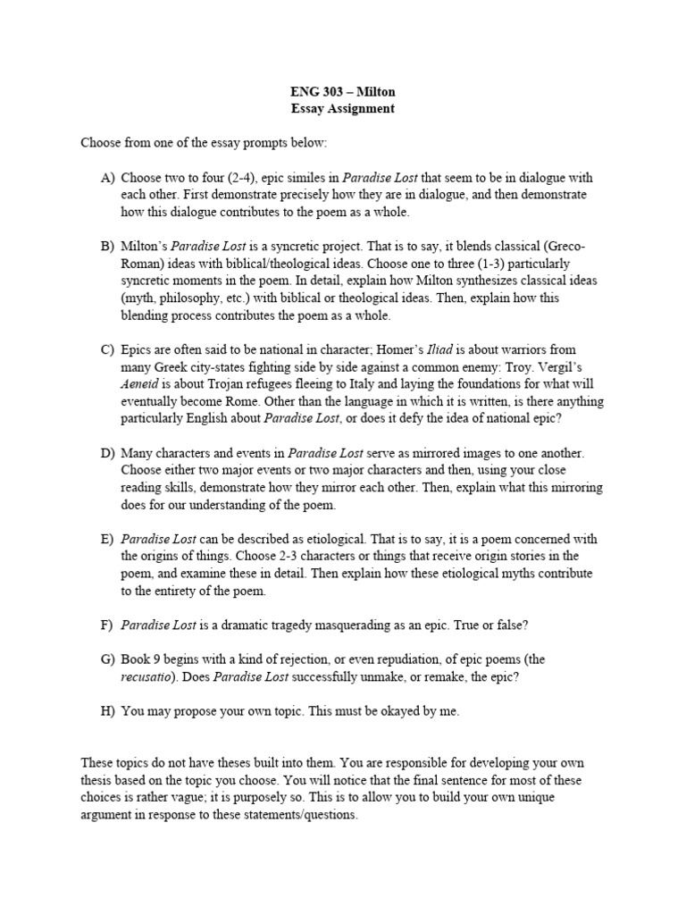 Essay Assignment | PDF | Paradise Lost | Homer