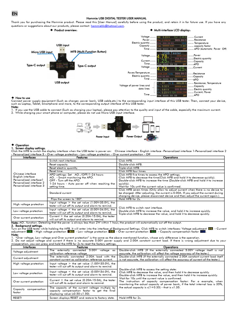 02HOMMIEHK - USB Tester - J7-c - User Manual | PDF | Usb | Battery Charger