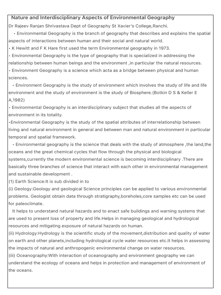 Nature and Interdisciplinary Aspects of Environmental Geography | PDF ...
