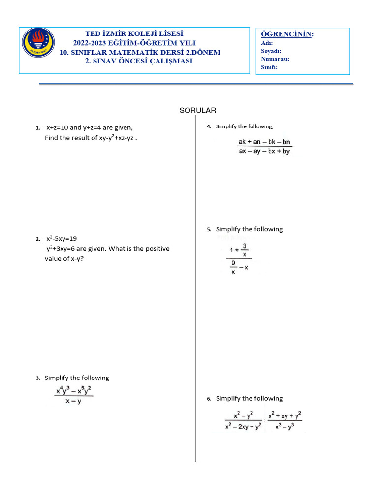 10.sinif-2.performans Calismasi-Ingilizce | PDF | Equations | Mathematics