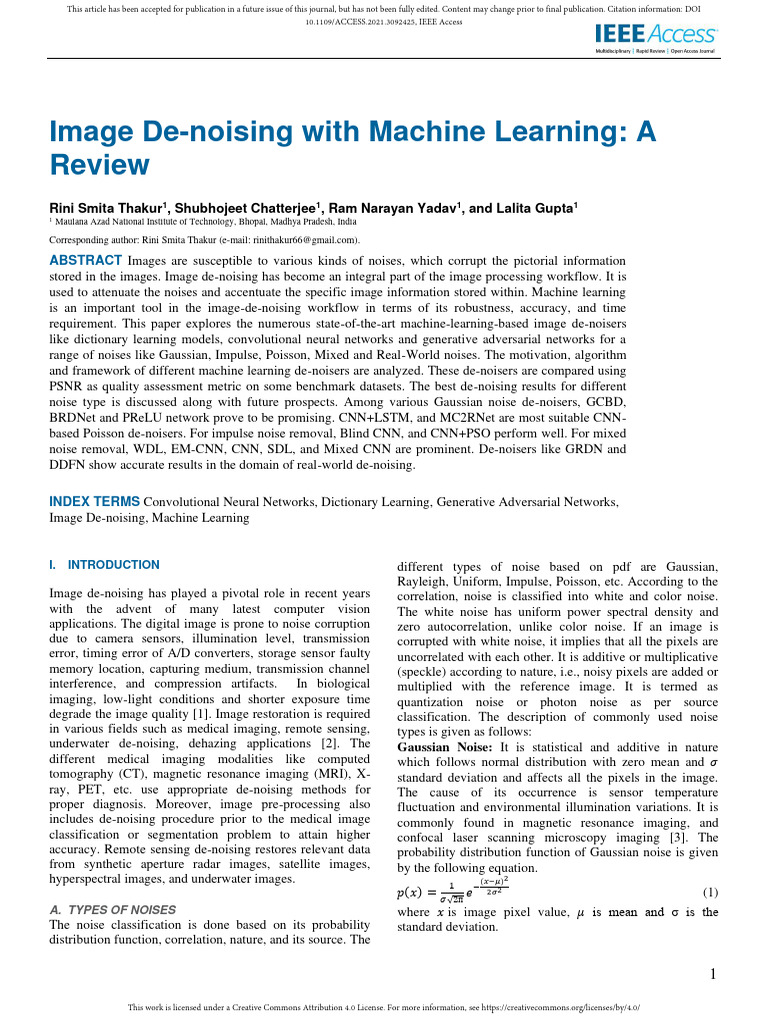 Image de-Noising With Machine Learning a Review (1) | PDF | Principal Component Analysis ...