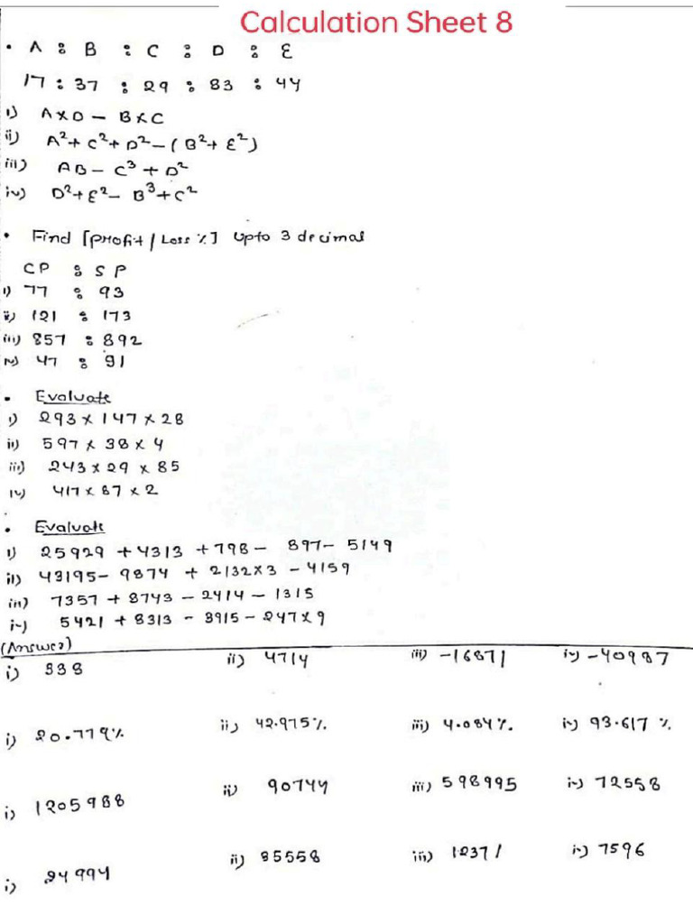 Calculation Sheet 8 | PDF