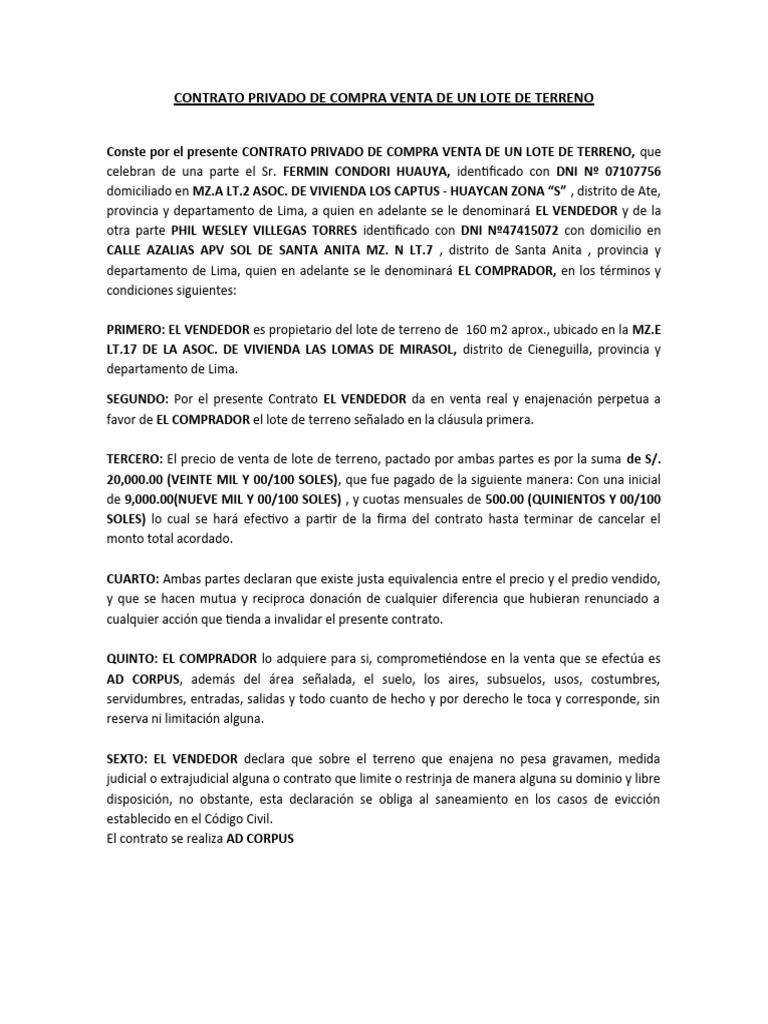 Contrato de Compra Venta de Un Lote de Terreno Lomas de Mirasol Verdadero | PDF | Derecho civil ...