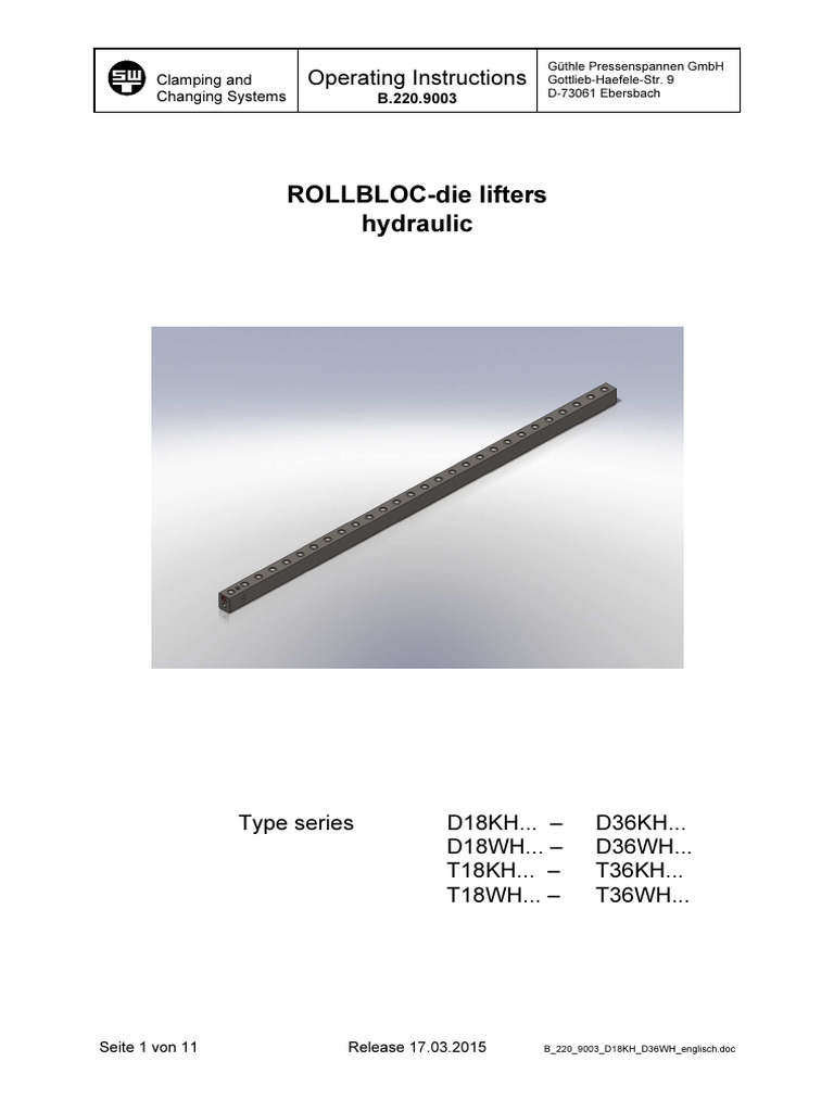 Hydraulic ROLLBLOC Die Lifters Guide | PDF | Valve | Pressure