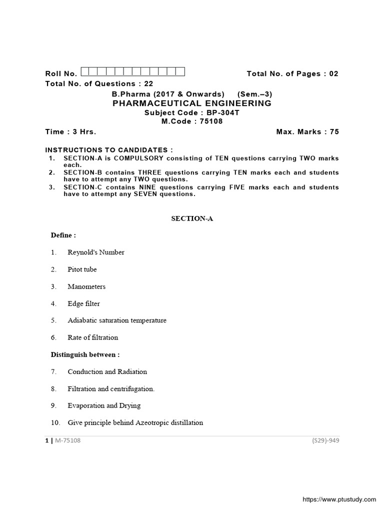Bpharma-3-Sem-Pharmaceutical-Engineering Question Paper-75108-Dec-2020 | PDF | Filtration ...