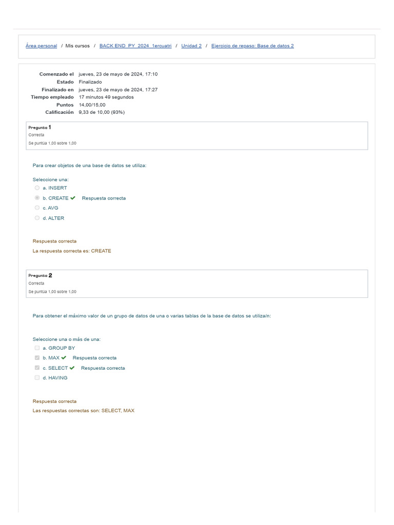Ejercicio de repaso_ Base de datos 2_ Revisión del intento | PDF | SQL | Ciencias de la Información