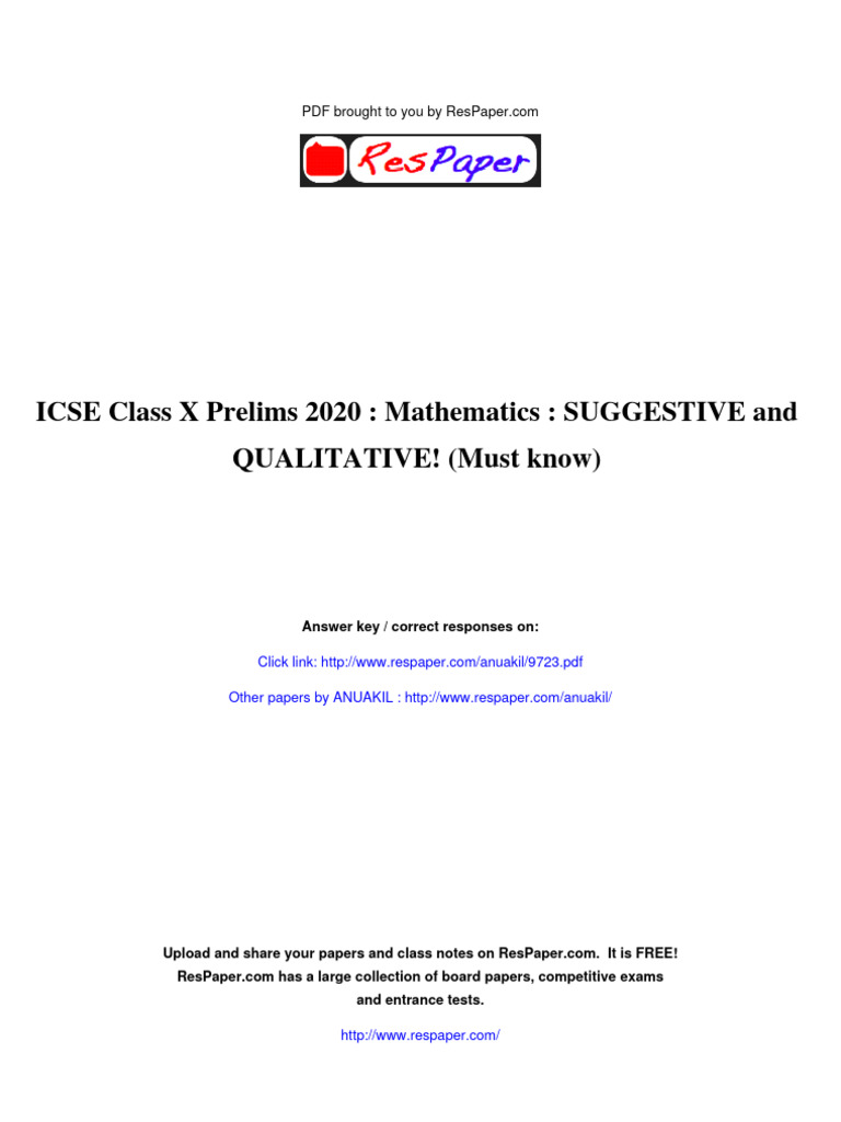 ResPaper ICSE Class X Prelims 2020 Mathematics SUGGESTIVE and ...