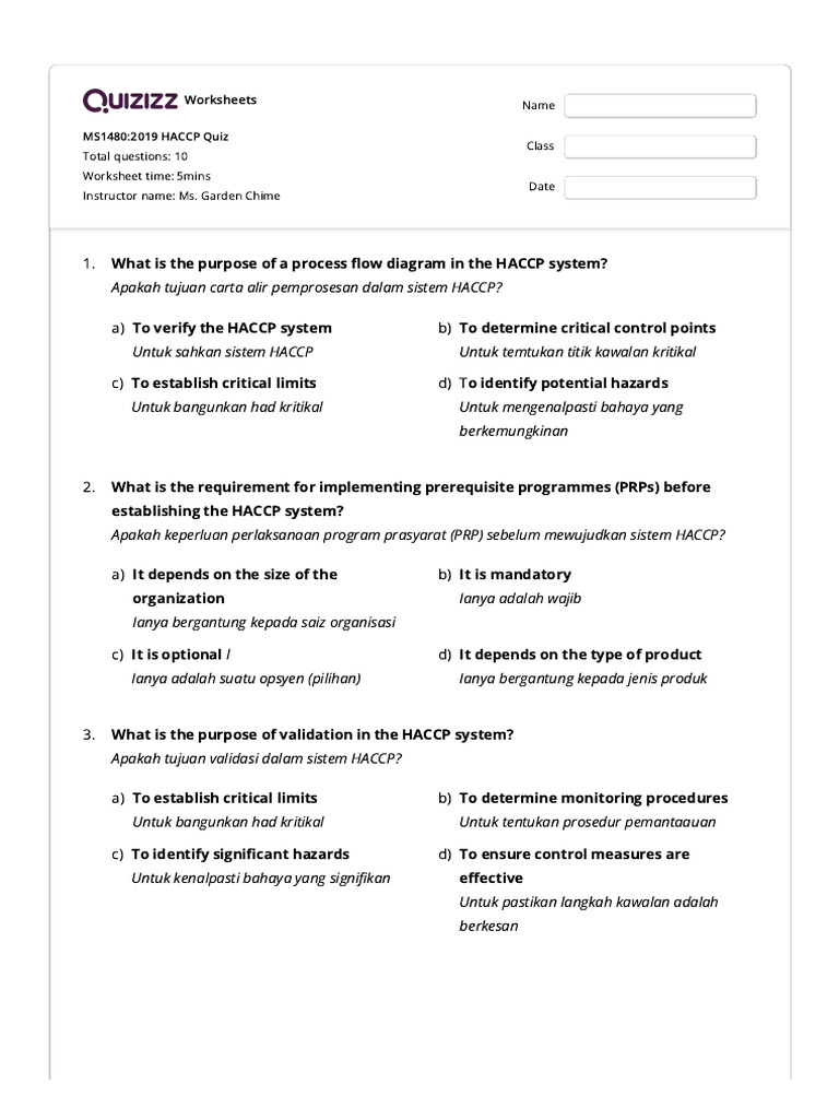 MS1480 - 2019 HACCP Quiz - Quizizz | PDF