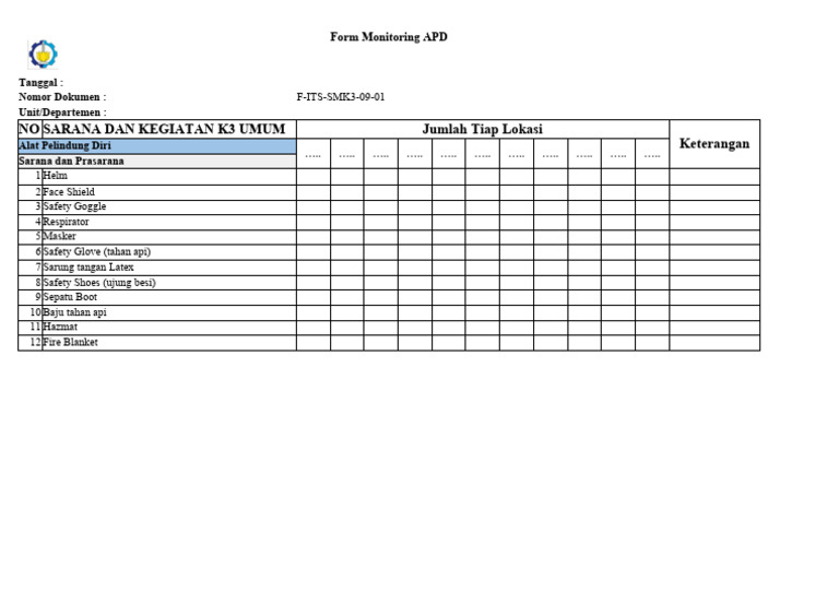Form Monitoring APDSarana APD Unit Dan Departemen | PDF