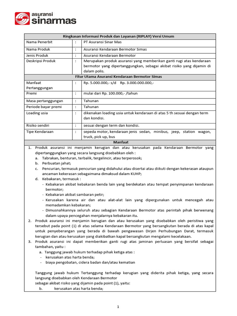 RIPLAY Asuransi Kendaraan Bermotor Simas Versi Umum | PDF