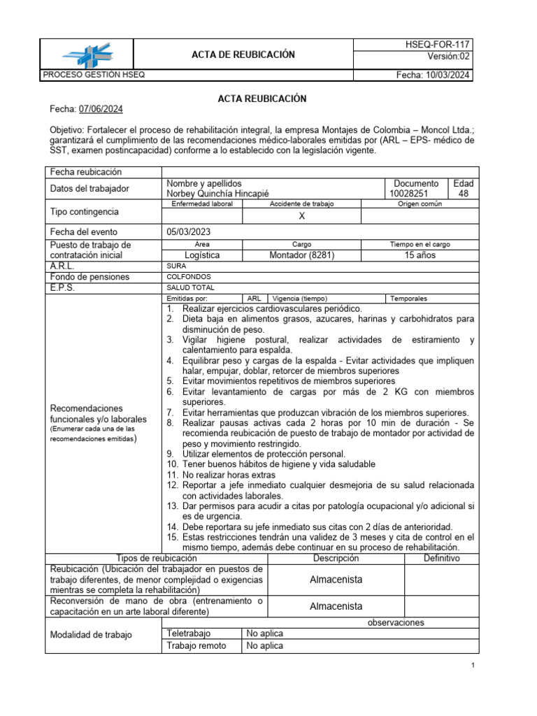Hseq-For-117 Acta de Reubicación | PDF | Logística