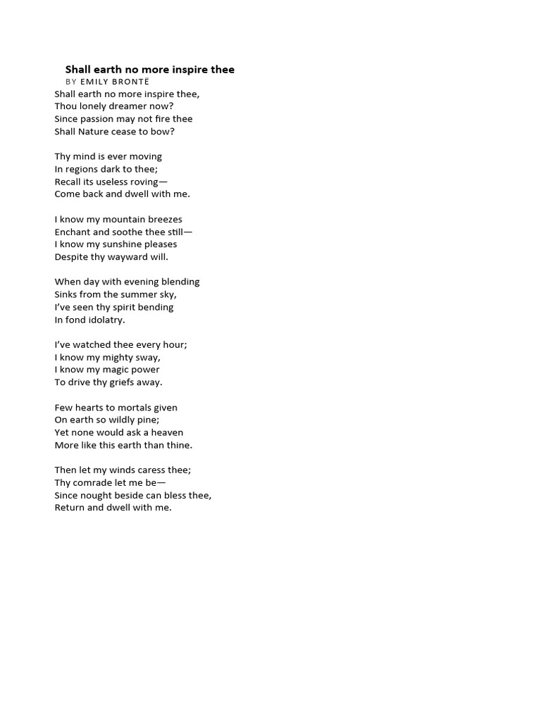 Shall Earth No More Inspire Thee and With Birds You'Re Never Lonely | PDF Shall Earth No More Inspire Thee and With Birds You'Re Never Lonely | PDF