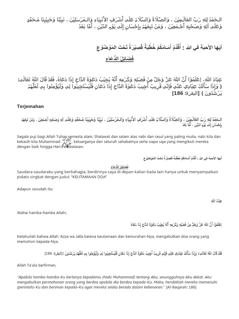 Pidato Bahasa Arab Keutamaan Doa | PDF