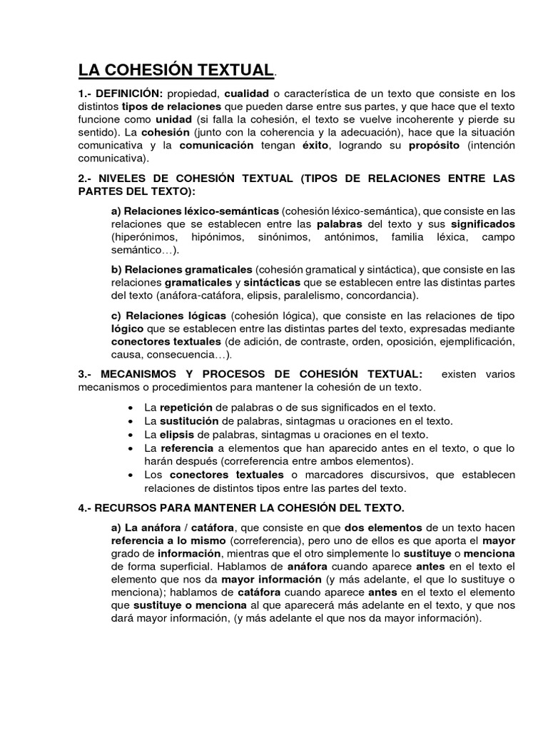 La Cohesión Del Texto | PDF | Oración (Lingüística) | Gramática
