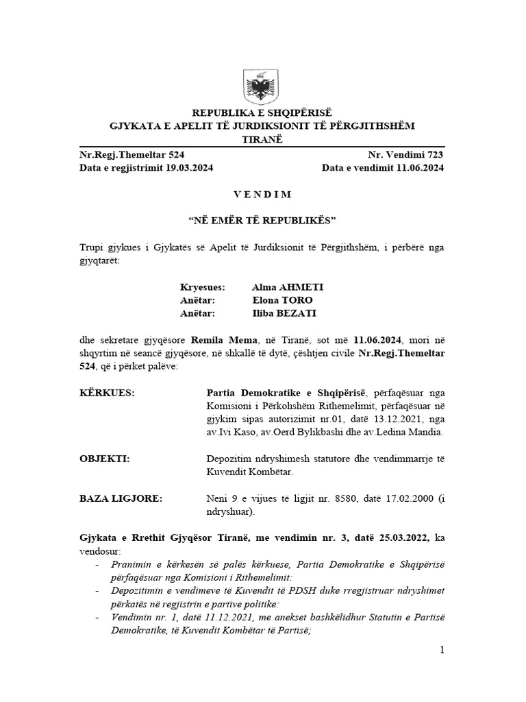 Vendimi I Gjykates Se Apelit Per Vulen Dhe Logon e PD | PDF