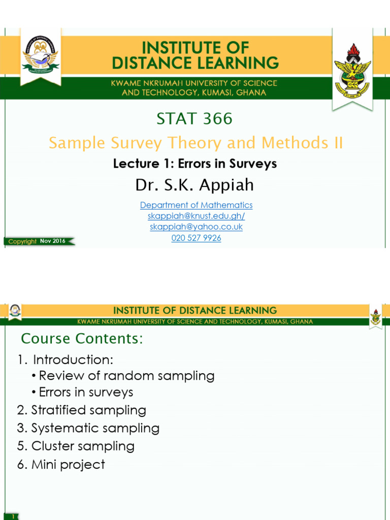 STAT 366 - Sample Survey Theory and Methods II - Lecture 1 | PDF ...