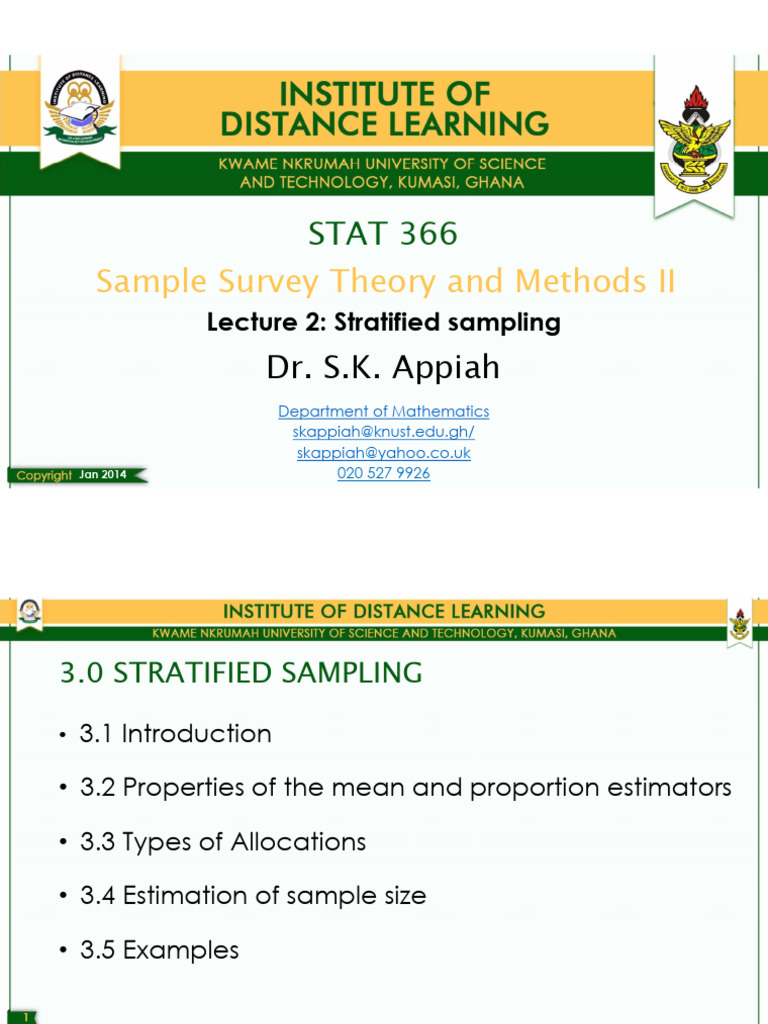 STAT 366 - Sample Survey Theory and Methods II - Lecture 2 | PDF | Stratified Sampling ...