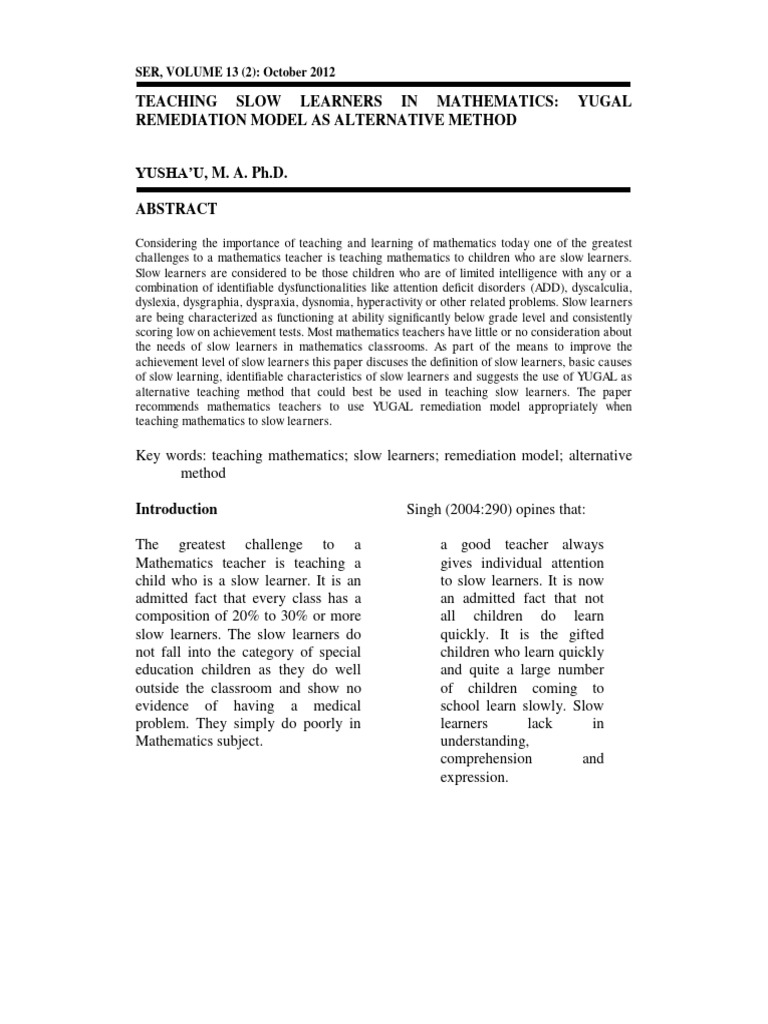 Teaching Slow Learners in Mathematics YU | PDF | Learning Disability ...