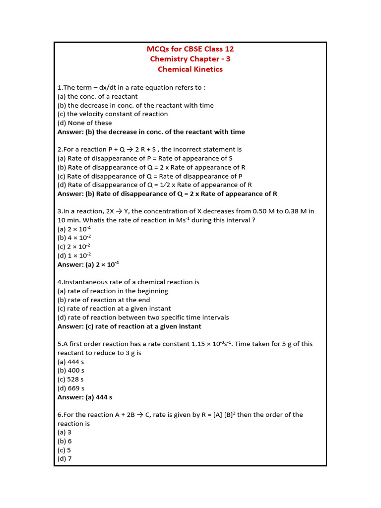 Cbse Class 12 Chemistry Mcqs For Chemical Kinetics | PDF | Reaction Rate | Activation Energy