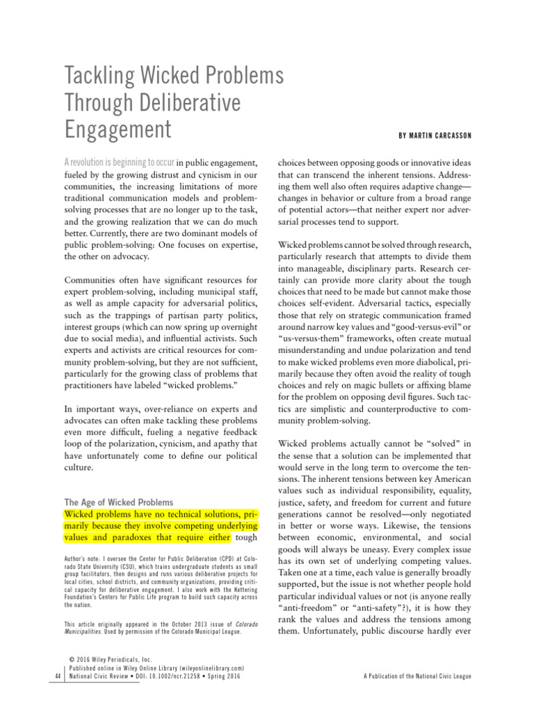 Tackling Wicked Problems Through Deliberative Engagement | PDF ...