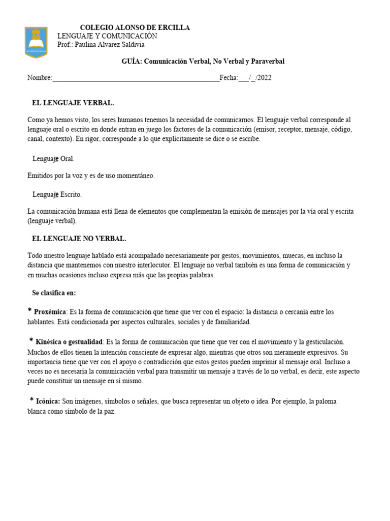 Guia Lenguaje Paraverbal, Verbal y No Verbal | PDF | Comunicación ...