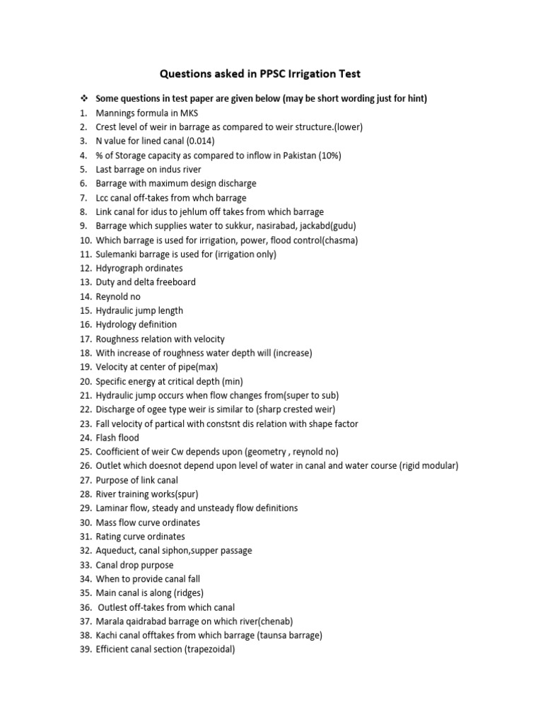 PPSC Irrigation Test Questions Overview | PDF | Discharge (Hydrology ...
