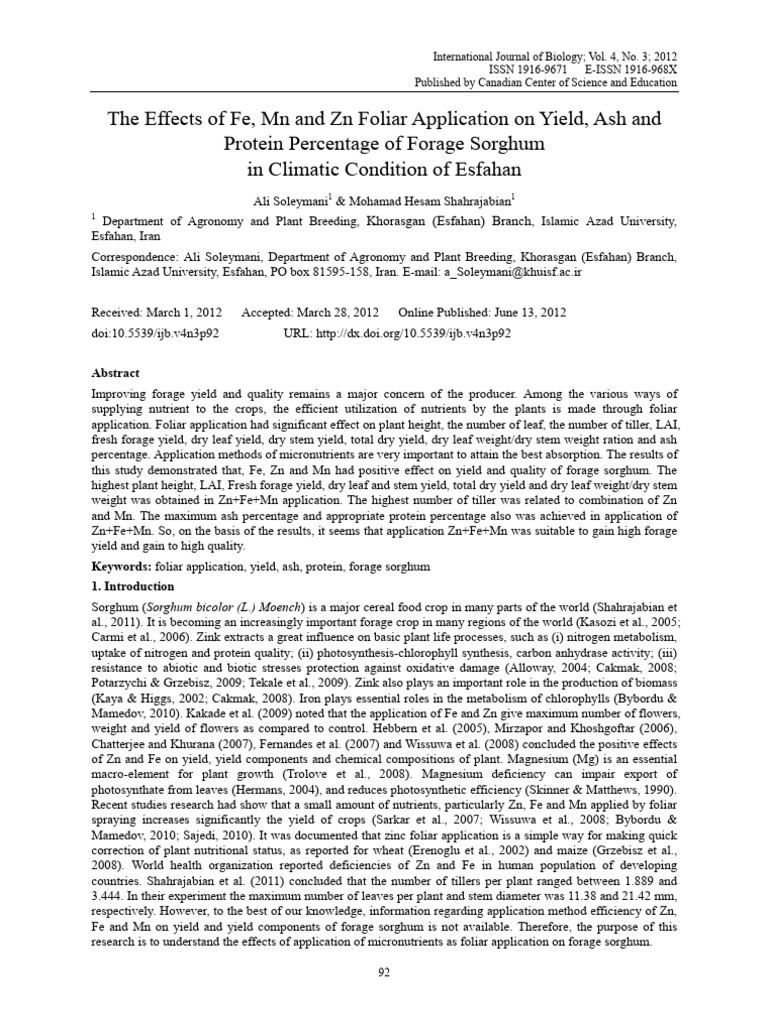 The Effects of Fe MN and ZN Foliar Appli | PDF | Fertilizer | Sowing