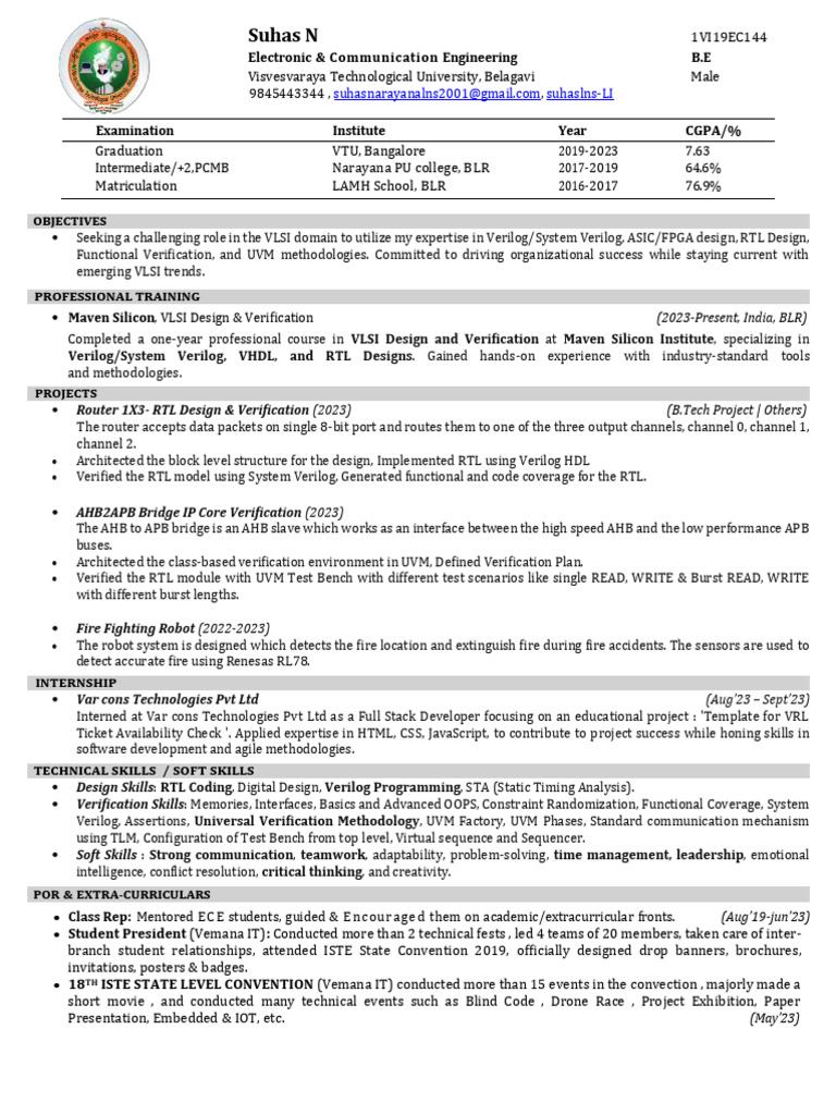 CV-Suhas N | PDF | Hardware Description Language | Computer Engineering