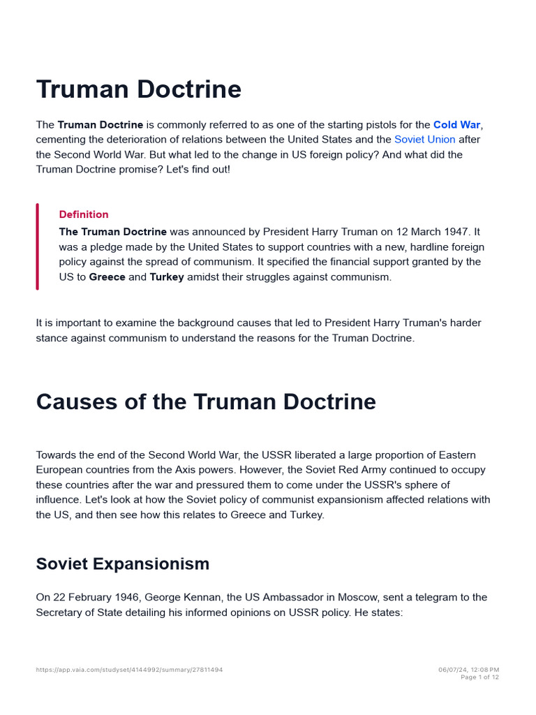 Overview of the Truman Doctrine | PDF | Cold War | Soviet Union
