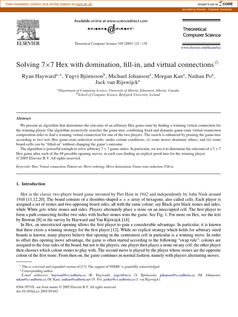 Solving 7x7 Hex Game States Algorithm | PDF | Theoretical Computer ...