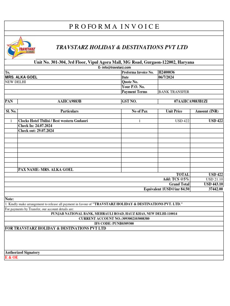 Proforma Inv. No. H2400036 MRS. ALKA GOEL | PDF
