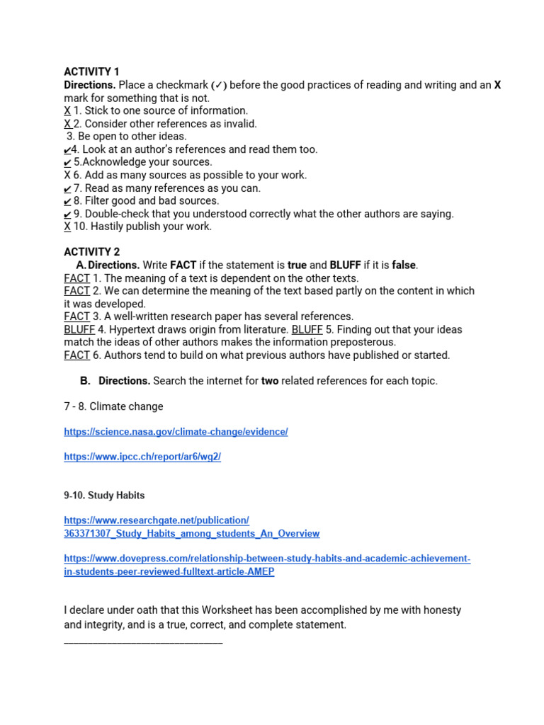 Reading and Writing Best Practices Worksheet | PDF