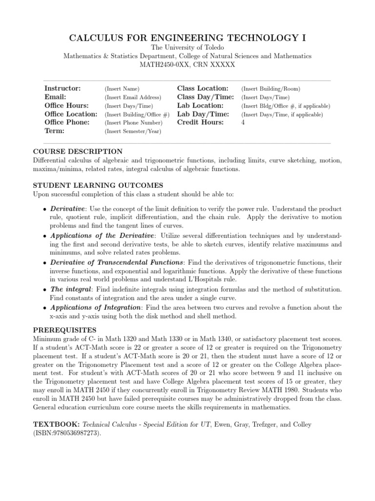 UT Math2450 Syllabus 2017 | PDF | Integral | Trigonometric Functions