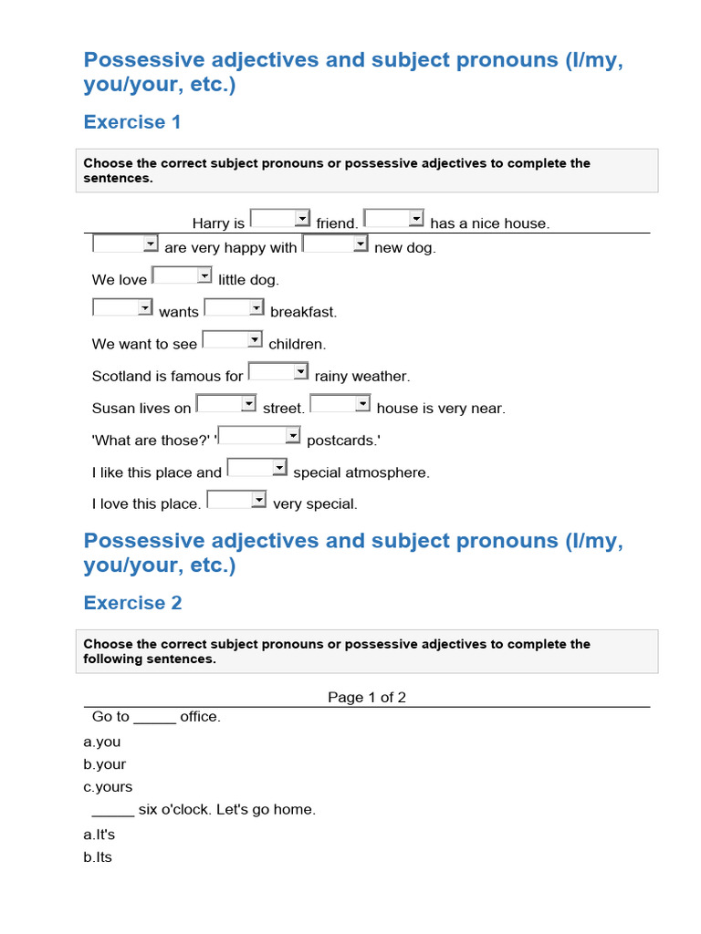 Possessive Adjectives Vs Subject Pronouns (Exercises) | PDF