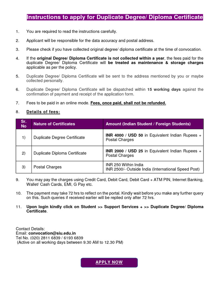 Instructions To Apply For Duplicate Degree or Diploma Certificate | PDF ...