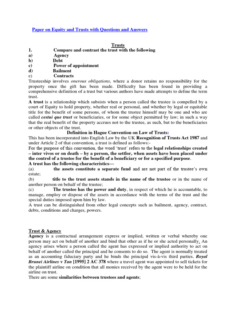 Equity and Trusts With Questions and Answers-1 | PDF | Law Of Agency ...