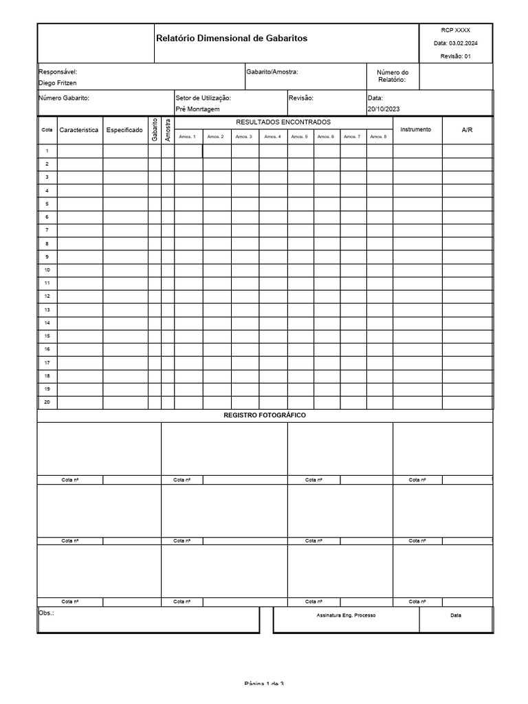 RQXXXX - Relatório Dimensional Gabaritos e Amostras Rev00 | PDF