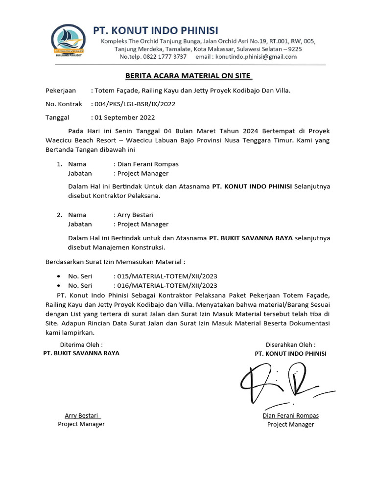 BERITA ACARA MATERIAL ON SITE Asli | PDF