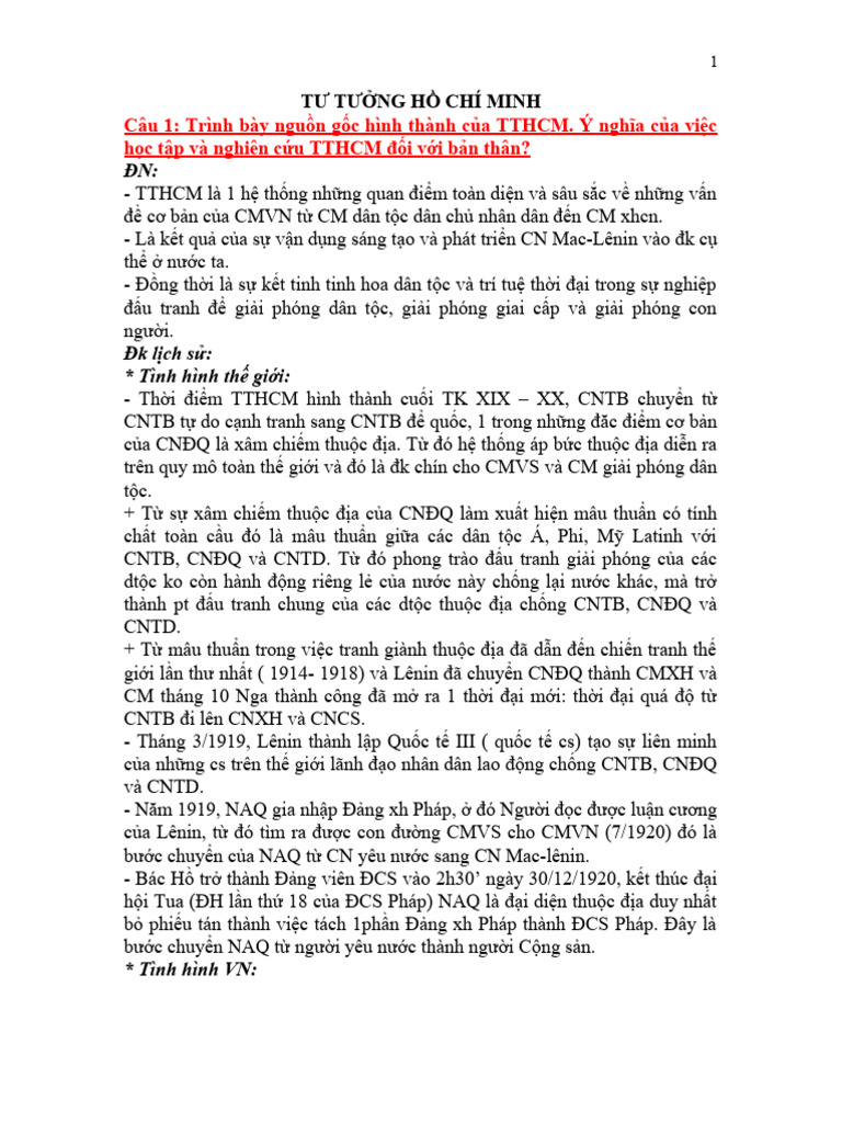 CÂU HỎI ÔN TẬP TT HCM 2 | PDF