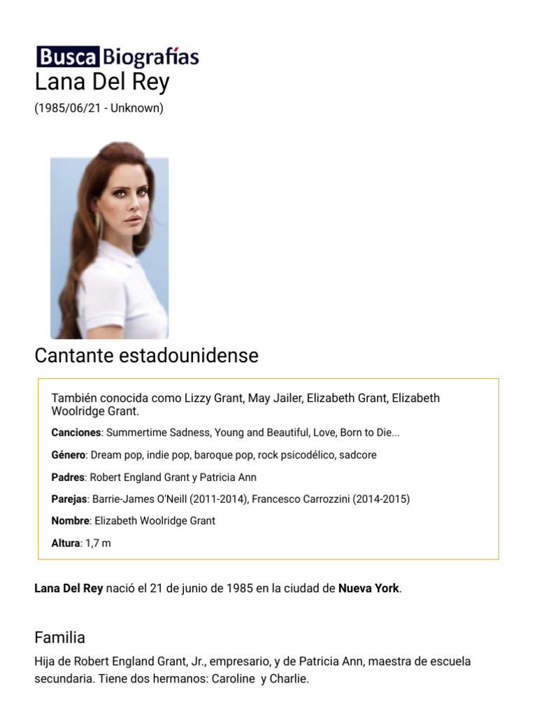 Biografía de Lana Del Rey (Su vida, historia, bio resumida) | PDF ...