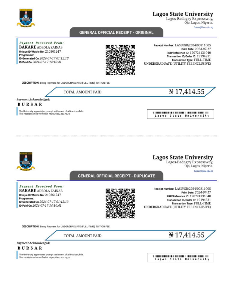 Receipt For Bakare Adeola - Payment For Undergraduate (Full-Time ...