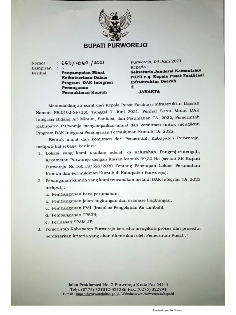 Surat Minat DAK Integrasi 2022 Kab Purworejo | PDF