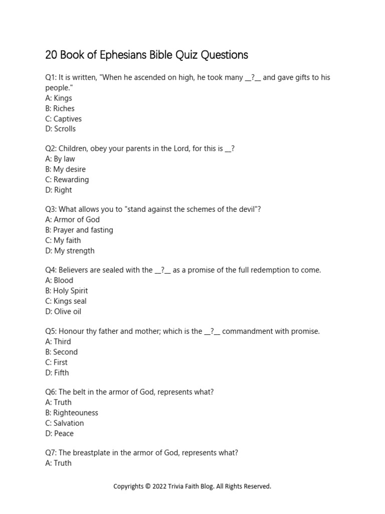 Book of Ephesians Bible Quiz Questions and Answers Min | PDF ...